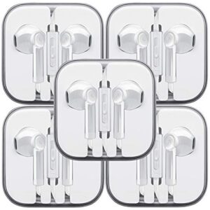 Wired Earbud Headphones with Microphone, Boost+ Premium Earphones Volume Control Slide-Bar with 3.5mm Port for PCs, Tablets, and Cell Phones in The Office, Classroom or Home, White, 5-Pack