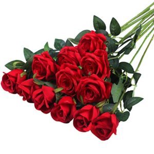 hawesome 12pcs artificial silk flowers realistic roses bouquet long stem for home wedding decoration party (a-red)