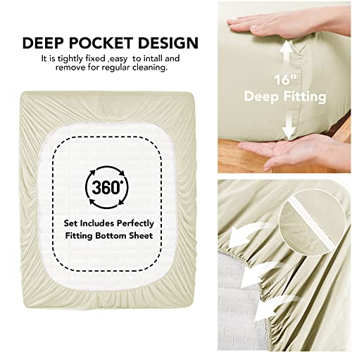 Deconovo Bed Sheets California King Sheet Sets Beige Cal King Microfiber 16" Deep Pocket 1800 Thread Count Luxury Comfort Bedding Silky Soft Touch 4 Pieces Pillowcases Flat Sheet & Fitted Sheet