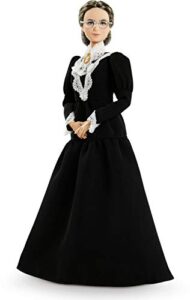 barbie inspiring women series susan b. anthony collectible doll, approx. 12-in, wearing black dress and cameo brooch, with doll stand and certificate of authenticity