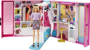 barbie dream closet with blonde doll & 25+ pieces, toy closet expands to 2+ ft wide & features 10+ storage areas, full-length mirror, customizable desk space and rotating clothes rack