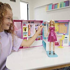 Barbie Dream Closet with Blonde Doll & 25+ Pieces, Toy Closet Expands to 2+ ft Wide & Features 10+ Storage Areas, Full-Length Mirror, Customizable Desk Space and Rotating Clothes Rack