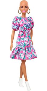 barbie fashionistas doll #150 with no-hair look wearing pink floral dress, white booties & earrings, toy for kids 3 to 8 years old