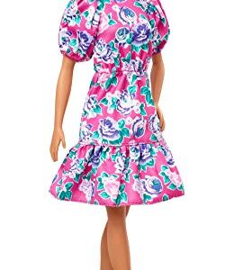 Barbie Fashionistas Doll #150 with No-Hair Look Wearing Pink Floral Dress, White Booties & Earrings, Toy for Kids 3 to 8 Years Old