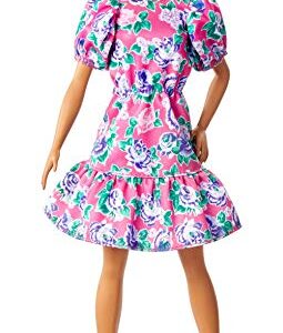 Barbie Fashionistas Doll #150 with No-Hair Look Wearing Pink Floral Dress, White Booties & Earrings, Toy for Kids 3 to 8 Years Old