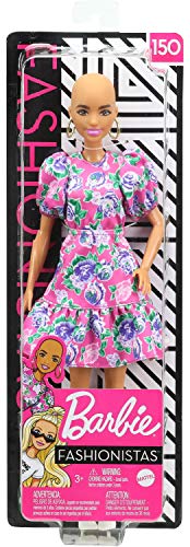 Barbie Fashionistas Doll #150 with No-Hair Look Wearing Pink Floral Dress, White Booties & Earrings, Toy for Kids 3 to 8 Years Old