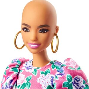 Barbie Fashionistas Doll #150 with No-Hair Look Wearing Pink Floral Dress, White Booties & Earrings, Toy for Kids 3 to 8 Years Old