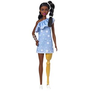 barbie fashionistas doll #146 with 2 twisted braids & prosthetic leg wearing star-print dress, white shoes & arm bracelet, toy for kids 3 to 8 years old