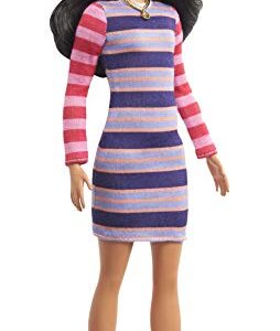 Barbie Fashionistas Doll #147 with Long Brunette Hair Wearing Striped Dress, Orange Shoes & Necklace, Toy for Kids 3 to 8 Years Old