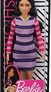 Barbie Fashionistas Doll #147 with Long Brunette Hair Wearing Striped Dress, Orange Shoes & Necklace, Toy for Kids 3 to 8 Years Old