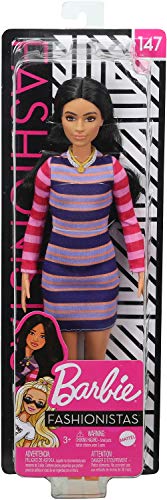 Barbie Fashionistas Doll #147 with Long Brunette Hair Wearing Striped Dress, Orange Shoes & Necklace, Toy for Kids 3 to 8 Years Old