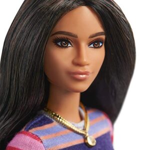 Barbie Fashionistas Doll #147 with Long Brunette Hair Wearing Striped Dress, Orange Shoes & Necklace, Toy for Kids 3 to 8 Years Old