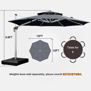 PURPLE LEAF 12 Feet Double Top Round Deluxe Patio Umbrella Offset Hanging Umbrella Outdoor Market Umbrella Garden Umbrella, Grey