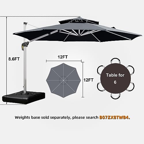 PURPLE LEAF 12 Feet Double Top Round Deluxe Patio Umbrella Offset Hanging Umbrella Outdoor Market Umbrella Garden Umbrella, Grey