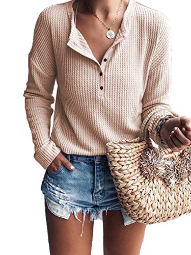 Famulily Women's Waffle Knit Tunic Tops Loose Long Sleeve Button Up V Neck Henley Shirts (Pink, XX-Large)