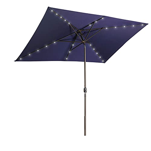 Aok Garden 6.5FT × 10FT Solar LED Lighted Patio Umbrella with Push Button Tilt and Sturdy Aluminum Ribs for Deck Lawn Pool & Backyard - Dark Blue