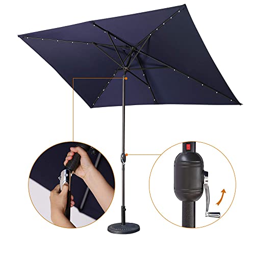 Aok Garden 6.5FT × 10FT Solar LED Lighted Patio Umbrella with Push Button Tilt and Sturdy Aluminum Ribs for Deck Lawn Pool & Backyard - Dark Blue