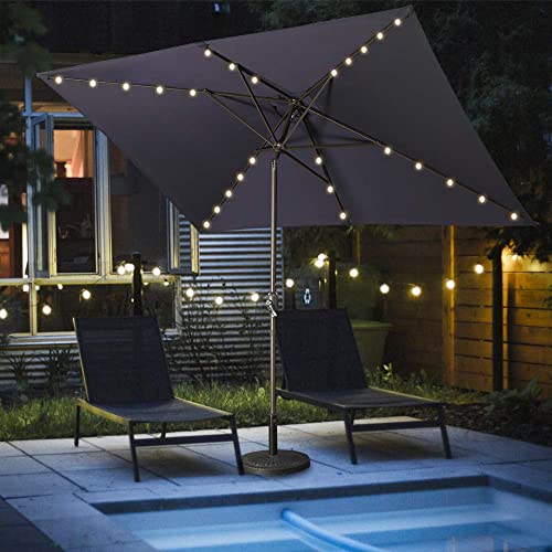 Aok Garden 6.5FT × 10FT Solar LED Lighted Patio Umbrella with Push Button Tilt and Sturdy Aluminum Ribs for Deck Lawn Pool & Backyard - Dark Blue