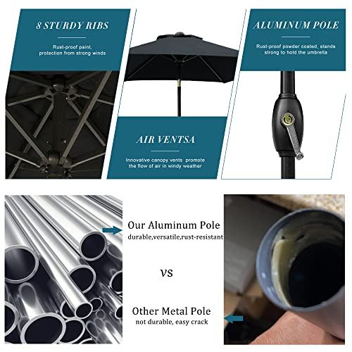 Aok Garden 6.5FT × 10FT Solar LED Lighted Patio Umbrella with Push Button Tilt and Sturdy Aluminum Ribs for Deck Lawn Pool & Backyard - Dark Blue