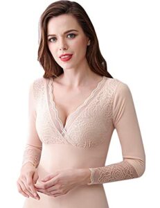 flygo womens thermal fleece lined cotton underwear lace long sleeve v-neck top (large, 02 nude)