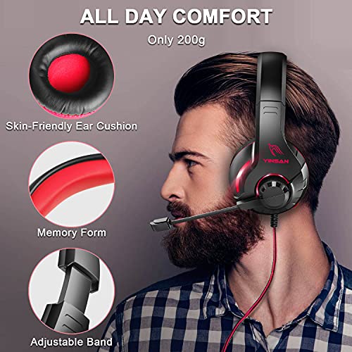 YINSAN Gaming Headset for Nintendo Switch, PS4 Headset with Mic Xbox One Gaming Headphone with Surround Stereo & LED Light, Compatible with PC/PS5/Xbox Series X/S (USB Extension Cable Contained), Red