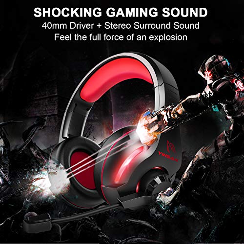 YINSAN Gaming Headset for Nintendo Switch, PS4 Headset with Mic Xbox One Gaming Headphone with Surround Stereo & LED Light, Compatible with PC/PS5/Xbox Series X/S (USB Extension Cable Contained), Red