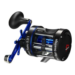 piscifun chaos xs baitcasting fishing reel, reinforced metal body round baitcaster reel, smooth powerful saltwater inshore surf trolling reel, conventional reel for catfish (50 right handed)