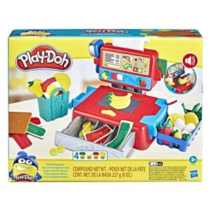 play-doh cash register toy for kids 3 years and up with fun sounds, play food accessories, and 4 non-toxic colors