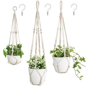 mkono 3 pack macrame plant hangers indoor different size hanging planter basket flower pot holder with beads no tassels 35"/29"/23", medium, ivory