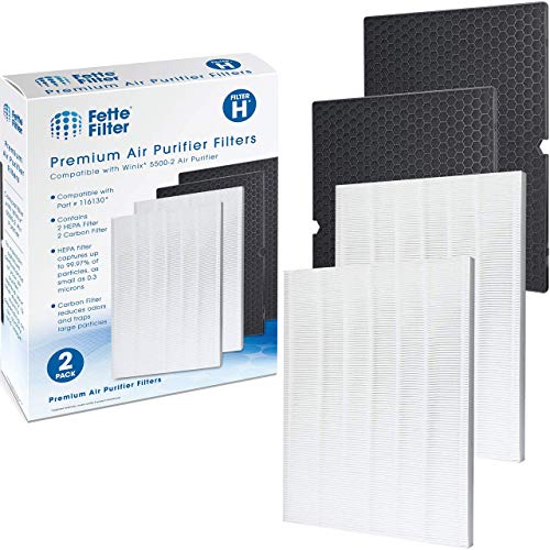 Fette Filter - 116130 Premium True HEPA H13 Filter H Compatible with Winix Filter H 116130 for Winix Model 5500-2 AM80 Air Purifier Includes 2 Pack Ture HEPA Filters + 2 Pack Activated Carbon Pre-Filters