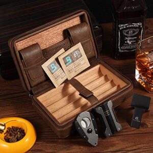 Galiner Travel Cigar Humidor Leather Case with Humidity Packs Bag Portable Cedar Wood Leather Case Holder 4 Cigars, Pockets for Cigars Lighter Cutter, Black Gift Box