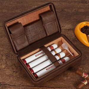 Galiner Travel Cigar Humidor Leather Case with Humidity Packs Bag Portable Cedar Wood Leather Case Holder 4 Cigars, Pockets for Cigars Lighter Cutter, Black Gift Box