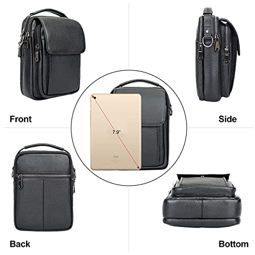 Augus Leather Small Messenger Bag For Men Crossbody Handbag Shoulder Sling Travel Bags for Men Purse Daypack Magnetic Buckle (Black)