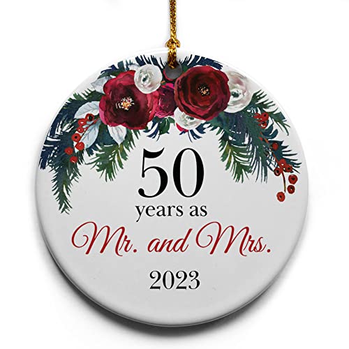 50 Years as Mr. and Mrs. Ceramic Christmas Tree Ornament Collectible Holiday Keepsake 2.875" Round Ornament in Decorative Gift Box with Bow- Perfect 50th Wedding