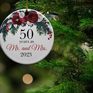 50 Years as Mr. and Mrs. Ceramic Christmas Tree Ornament Collectible Holiday Keepsake 2.875" Round Ornament in Decorative Gift Box with Bow- Perfect 50th Wedding