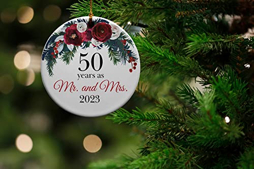 50 Years as Mr. and Mrs. Ceramic Christmas Tree Ornament Collectible Holiday Keepsake 2.875" Round Ornament in Decorative Gift Box with Bow- Perfect 50th Wedding