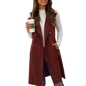 SheIn Women's Double Breasted Long Vest Jacket Casual Sleeveless Pocket Outerwear Longline Burgundy X-Large