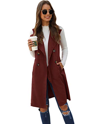 SheIn Women's Double Breasted Long Vest Jacket Casual Sleeveless Pocket Outerwear Longline Burgundy X-Large