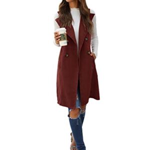 SheIn Women's Double Breasted Long Vest Jacket Casual Sleeveless Pocket Outerwear Longline Burgundy X-Large