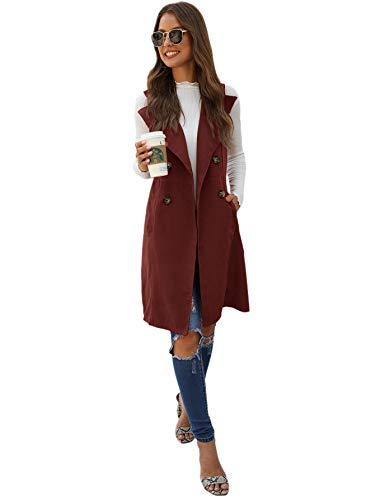 SheIn Women's Double Breasted Long Vest Jacket Casual Sleeveless Pocket Outerwear Longline Burgundy X-Large