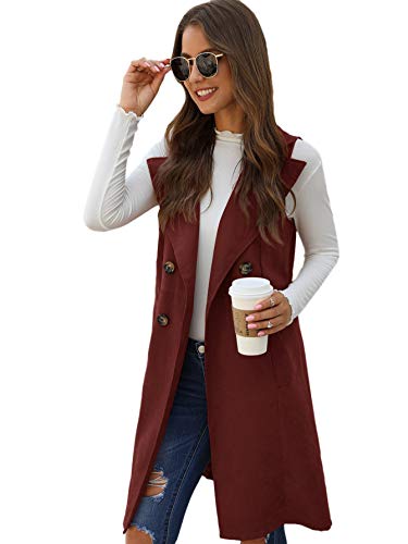 SheIn Women's Double Breasted Long Vest Jacket Casual Sleeveless Pocket Outerwear Longline Burgundy X-Large