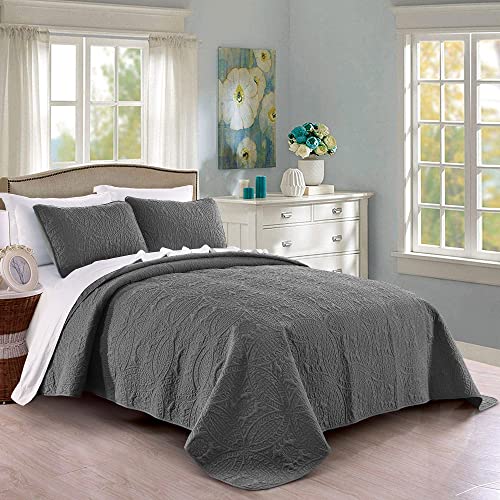 Quilt Set King/Cal King/California King Size Dark Grey - Oversized Bedspread - Soft Microfiber Lightweight Coverlet for All Season - 3 Piece Includes 1 Quilt and 2 Shams, Geometric Pattern