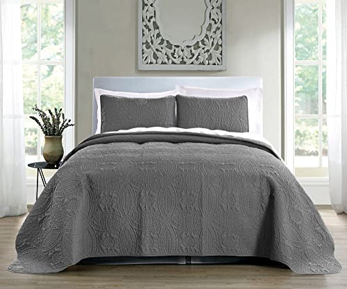 Quilt Set King/Cal King/California King Size Dark Grey - Oversized Bedspread - Soft Microfiber Lightweight Coverlet for All Season - 3 Piece Includes 1 Quilt and 2 Shams, Geometric Pattern