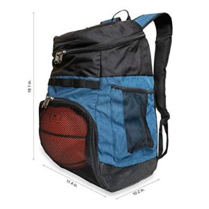 Xelfly Basketball Backpack with Ball Compartment – Sports Equipment Bag for Soccer Ball, Volleyball, Gym, Outdoor, Travel, Team – 2 Bottle Pockets, Includes Laundry or Shoe Bag – 25L (Blue)