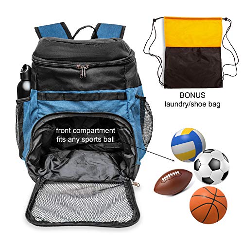 Xelfly Basketball Backpack with Ball Compartment – Sports Equipment Bag for Soccer Ball, Volleyball, Gym, Outdoor, Travel, Team – 2 Bottle Pockets, Includes Laundry or Shoe Bag – 25L (Blue)