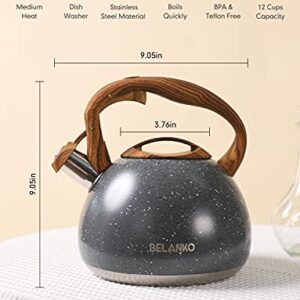 Tea Kettle, 2.7 Quart BELANKO Teapot for Stovetops Wood Pattern Handle with Loud Whistle Food Grade Stainless Steel Tea Pot Water Kettle - Gray