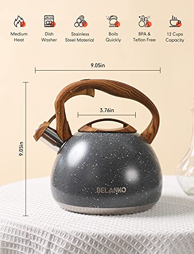 Tea Kettle, 2.7 Quart BELANKO Teapot for Stovetops Wood Pattern Handle with Loud Whistle Food Grade Stainless Steel Tea Pot Water Kettle - Gray