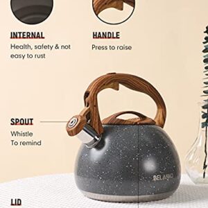 Tea Kettle, 2.7 Quart BELANKO Teapot for Stovetops Wood Pattern Handle with Loud Whistle Food Grade Stainless Steel Tea Pot Water Kettle - Gray