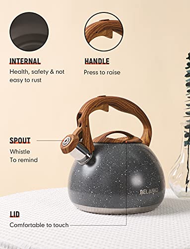 Tea Kettle, 2.7 Quart BELANKO Teapot for Stovetops Wood Pattern Handle with Loud Whistle Food Grade Stainless Steel Tea Pot Water Kettle - Gray