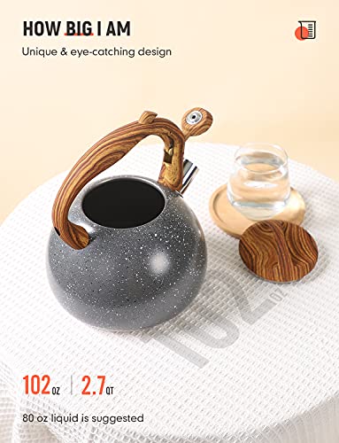 Tea Kettle, 2.7 Quart BELANKO Teapot for Stovetops Wood Pattern Handle with Loud Whistle Food Grade Stainless Steel Tea Pot Water Kettle - Gray